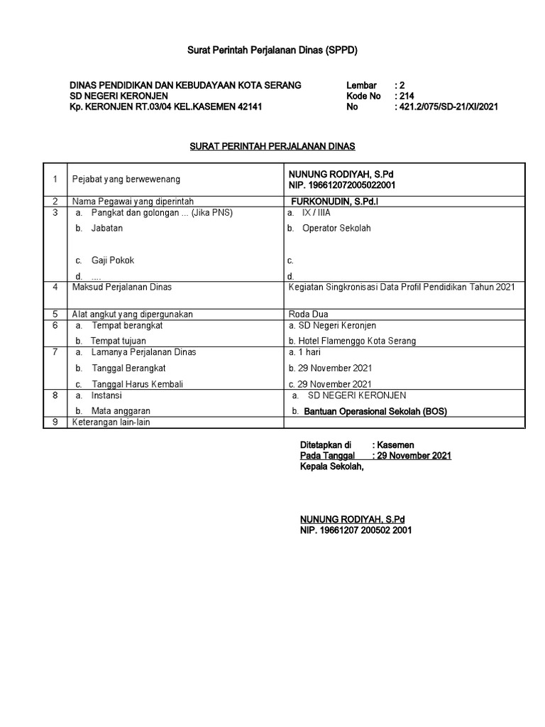 Format SPPD Surat Perintah Perjalanan Dinas Sekolah | PDF