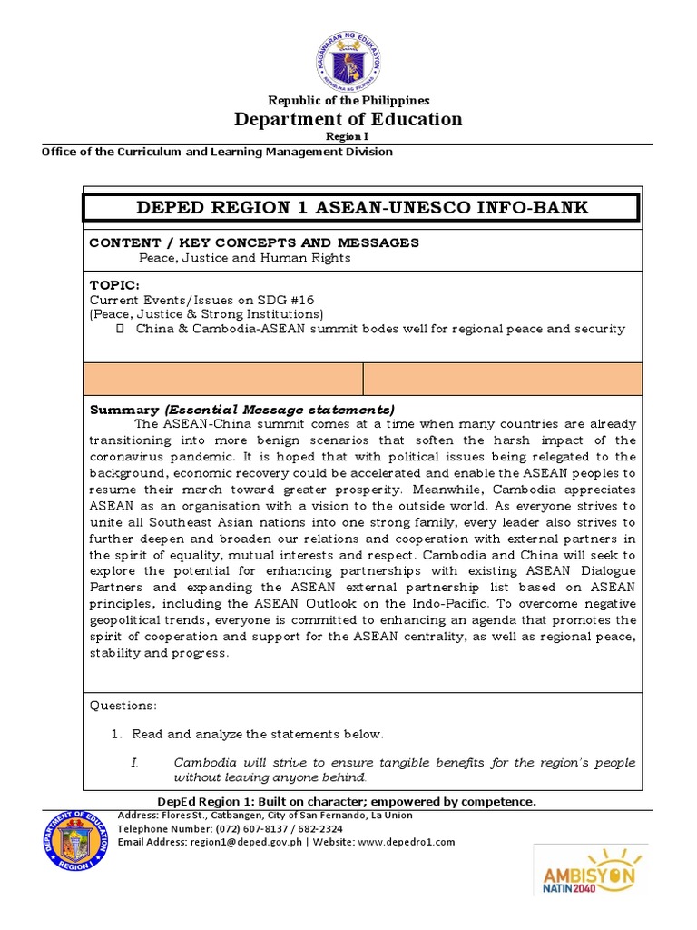 Department of Education: Deped Region 1 Asean-Unesco Info-Bank | PDF ...