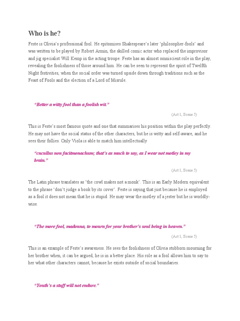 Twelfth Night Feste Quotes W Explanation | PDF