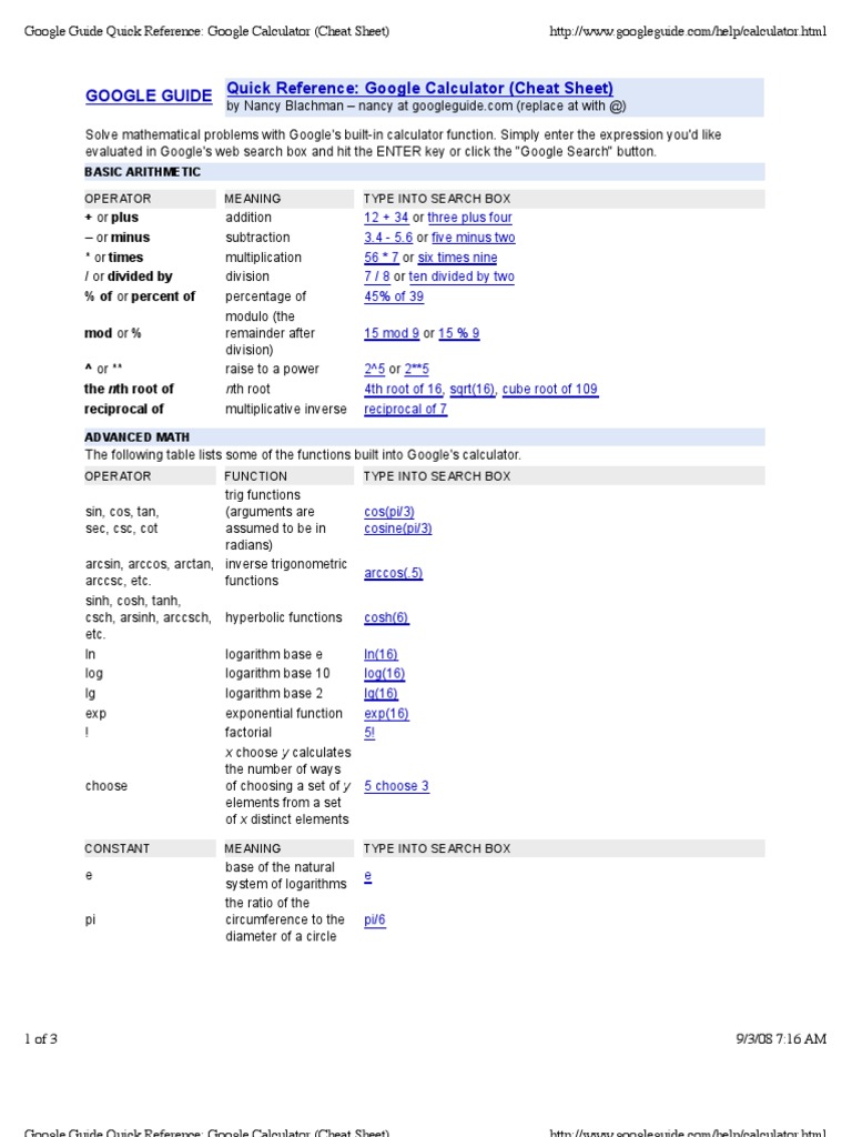 Google Guide Quick Reference Google Calculator (Cheat Sheet) | PDF | Trigonometric Functions ...