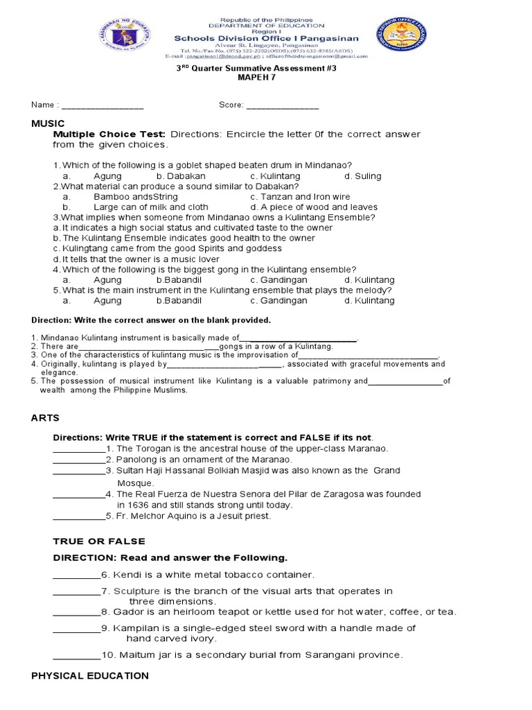 Music: Multiple Choice Test: Directions: Encircle The Letter 0f The ...