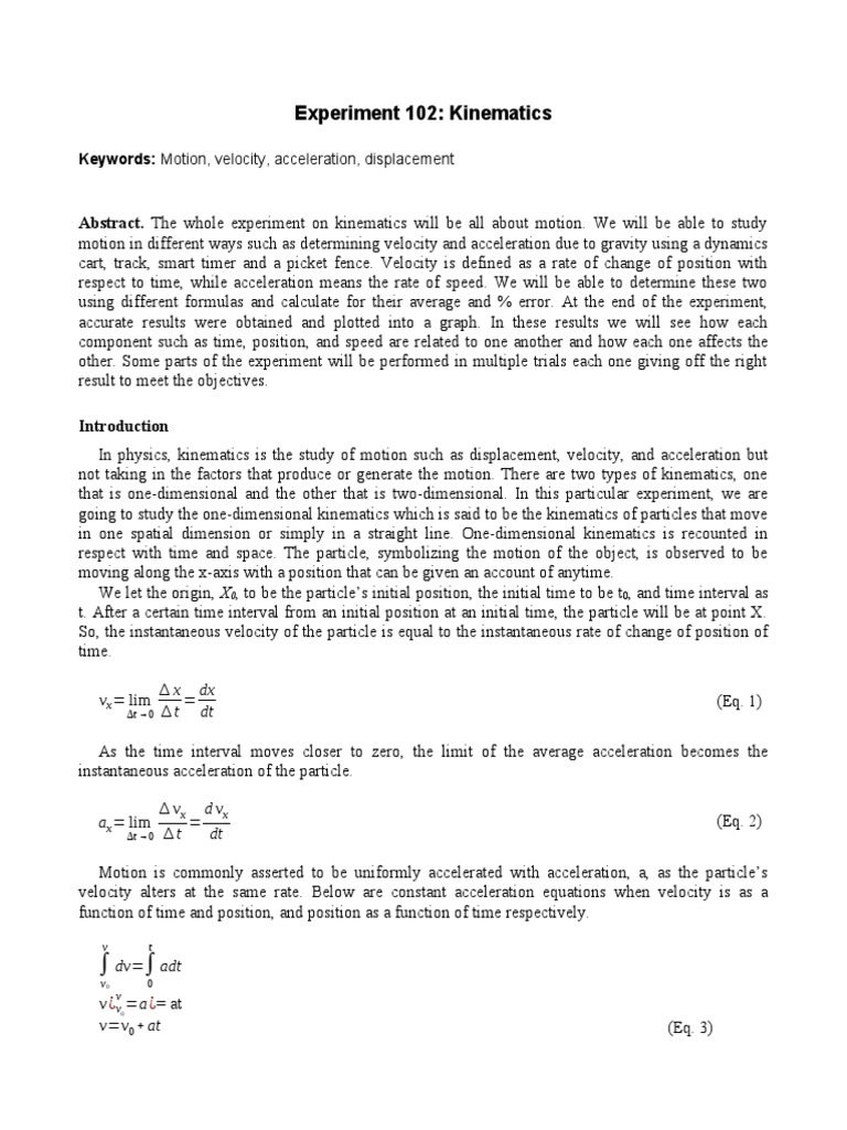 Kinematics Experiment 102: Motion Analysis | PDF | Kinematics | Velocity