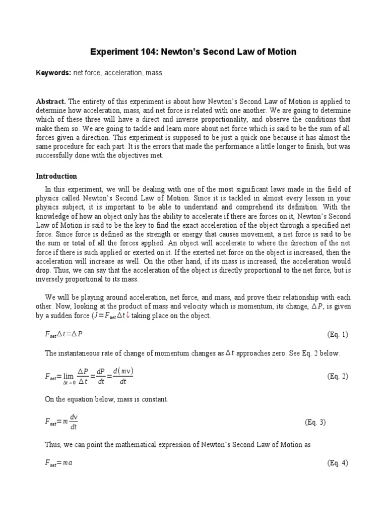 Experiment 104: Newton's Second Law of Motion | PDF | Force | Mass