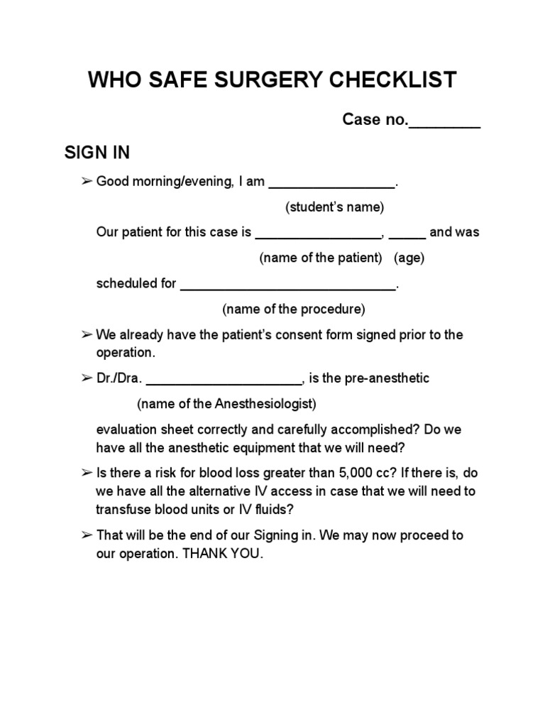 Who Safe Surgery Checklist: Sign in | PDF | Anesthesia | Surgery