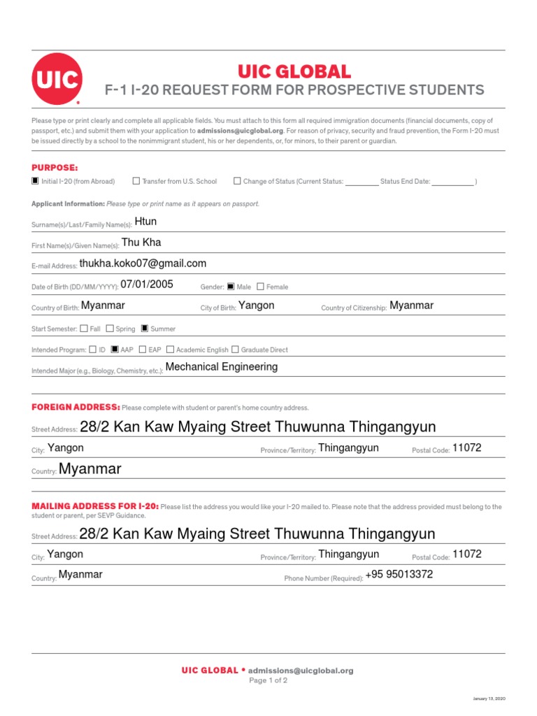 Uic Global: F-1 I-20 Request Form For Prospective Students | Download ...