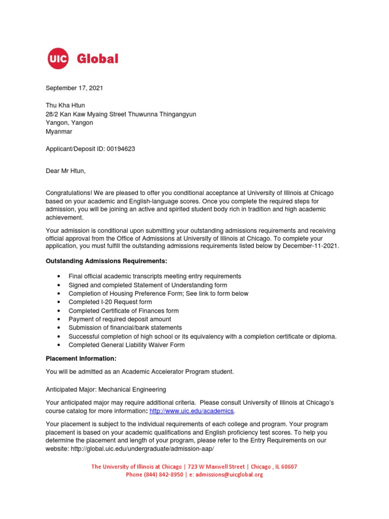 Conditional Offer Letter - COL - Thu Kha - Htun - 2021-09-17 | PDF | Fee | Payments