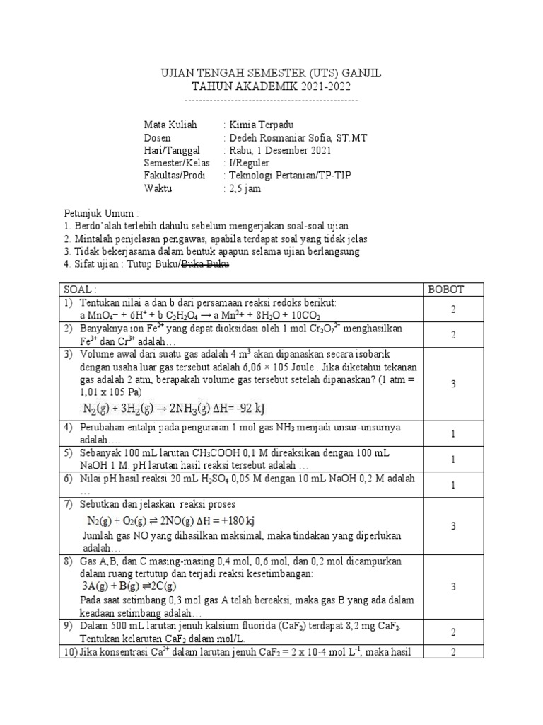 Uts Kimia - Tip - Muhammad Panji Saputra | PDF | Metode & Bahan Ajar ...