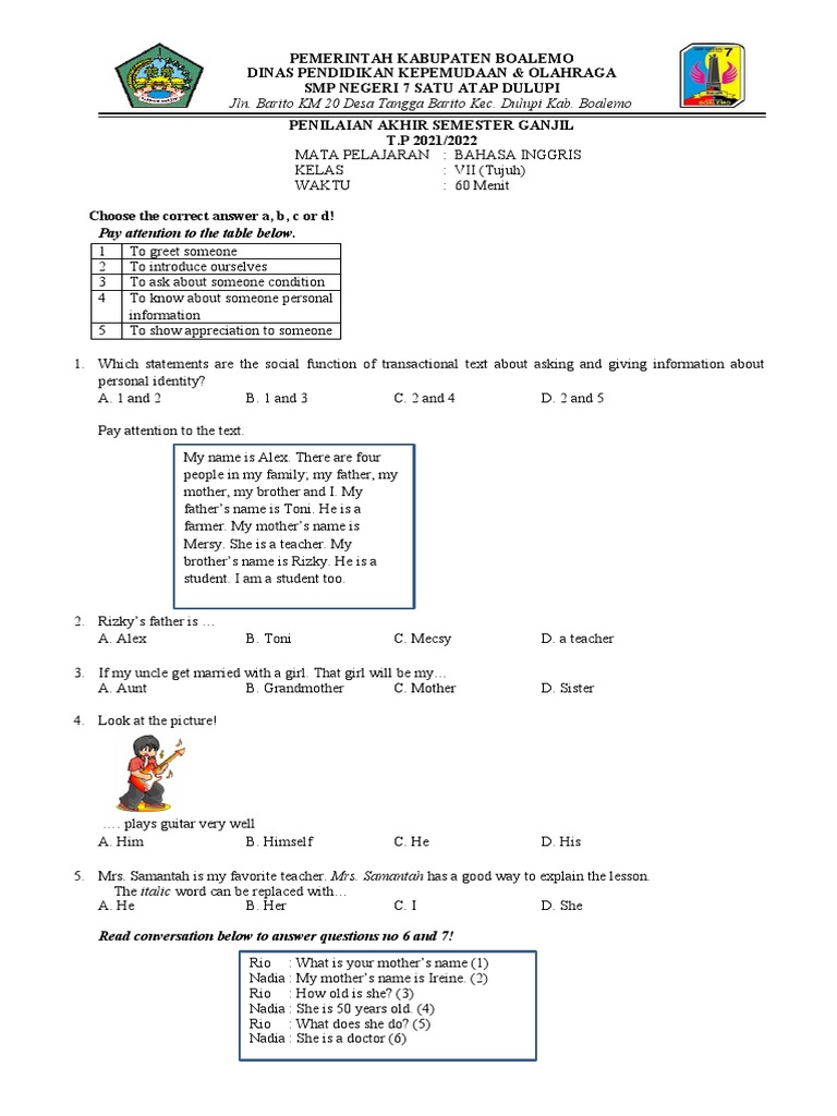 Soal Pas Bing 7 2021 | PDF