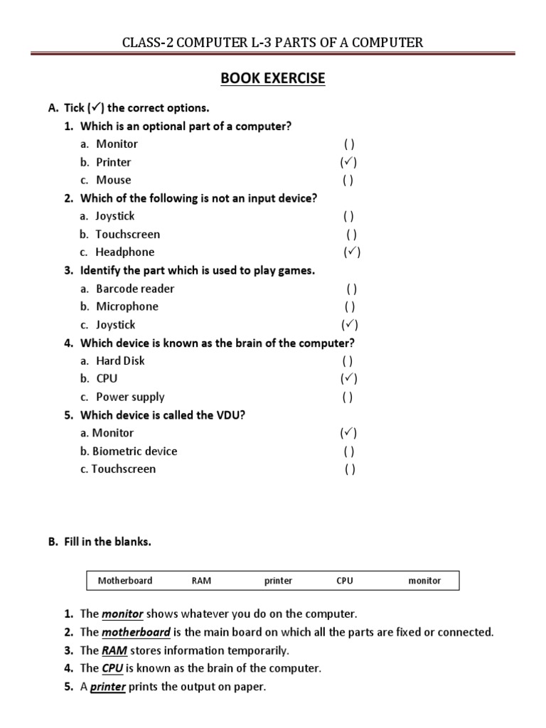 Book Exercise: Class-2 Computer L-3 Parts of A Computer | Download Free ...