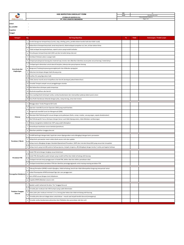 HSE Inpection Checklist Form | PDF