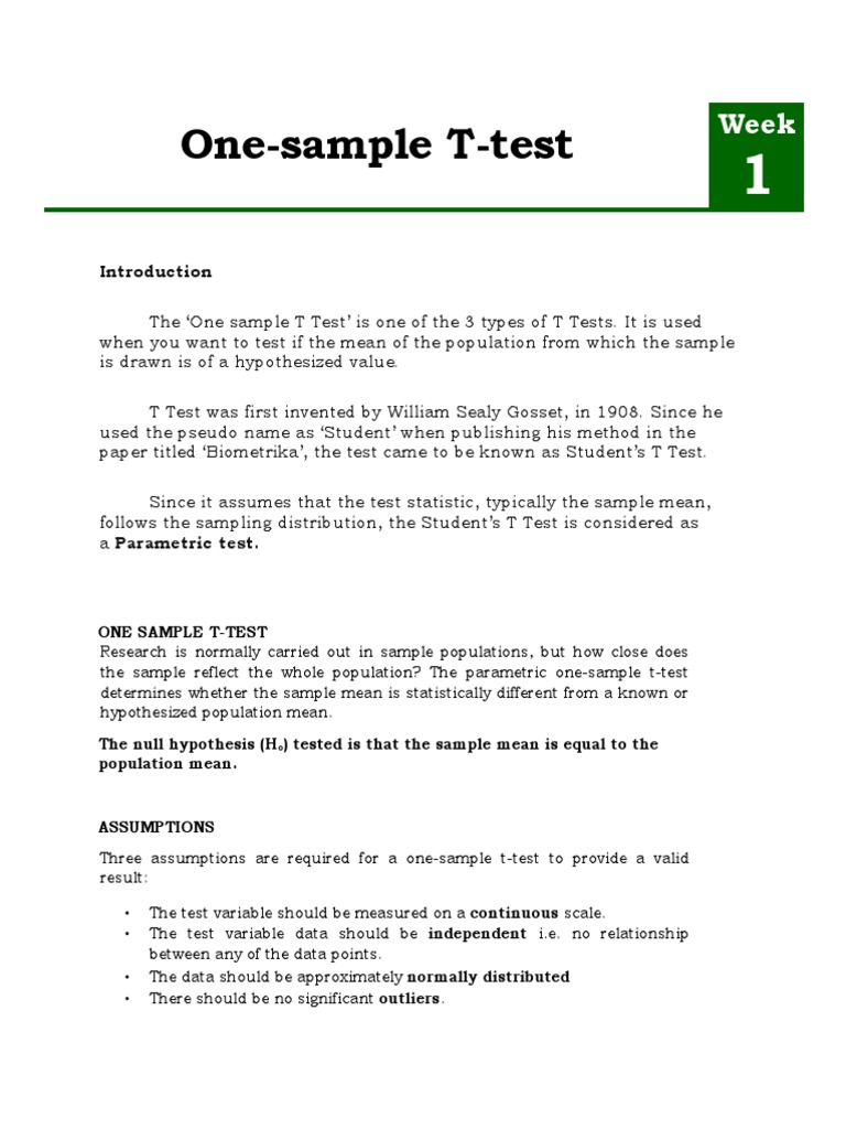 One Sample T-Test | PDF | Student's T Test | Statistics