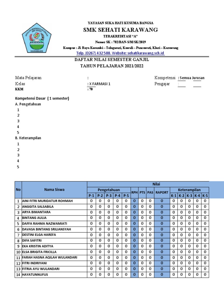 X - Nilai Ganjil - Nama Guru - Kelas - Mapel | PDF