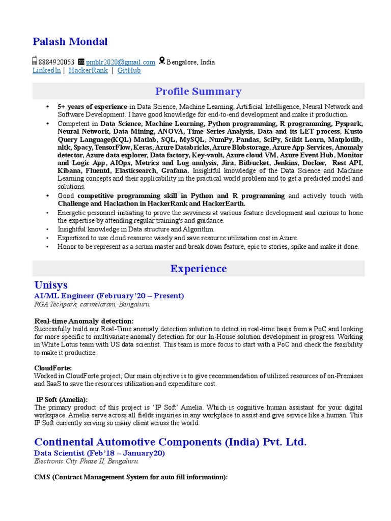 Palash Mondal (Data Scientist) Resume 5+ Exp | PDF | Machine Learning ...