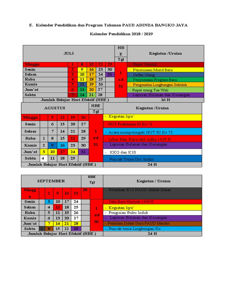 Kalender Pendidikan Dan Program Tahunan PAUD ADINDA BANGKO JAYA | PDF