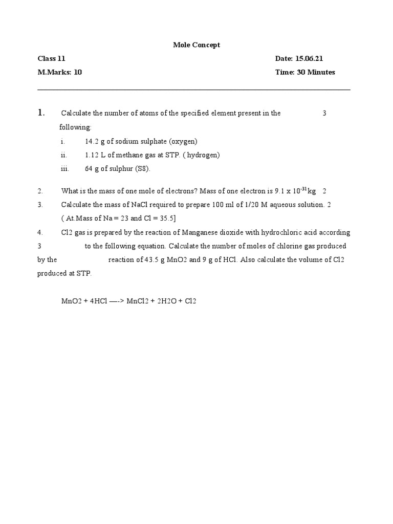 Mole Concept Worksheet | PDF
