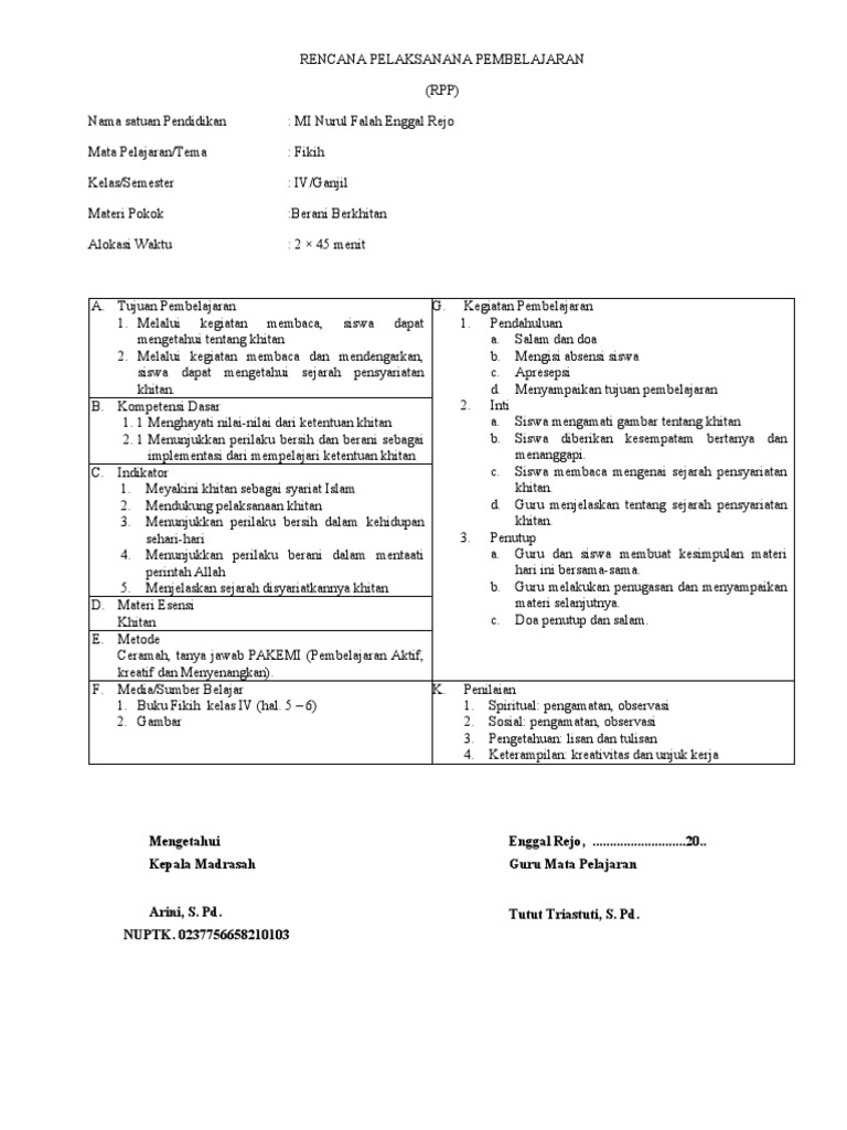 RPP Fikih Kelas 4 Semester 1-1 | PDF | Karier & Perkembangan
