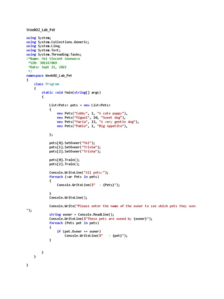 Week02 - Lab - Pet: Using Using Using Using Using | PDF | Computer Programming | Software ...