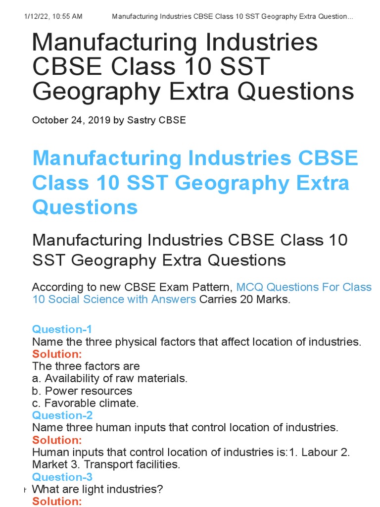 Manufacturing Industries CBSE Class 10 SST Geography Extra Questions - Learn CBSE | Download ...