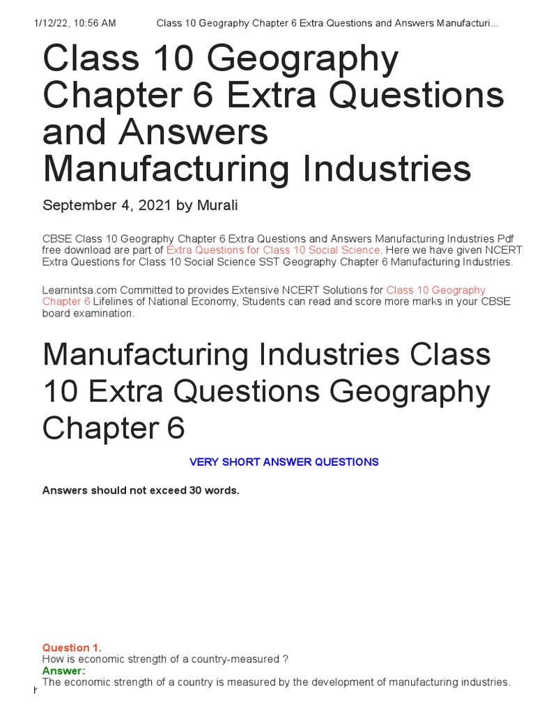 Class 10 Geography Chapter 6 Extra Questions and Answers Manufacturing ...