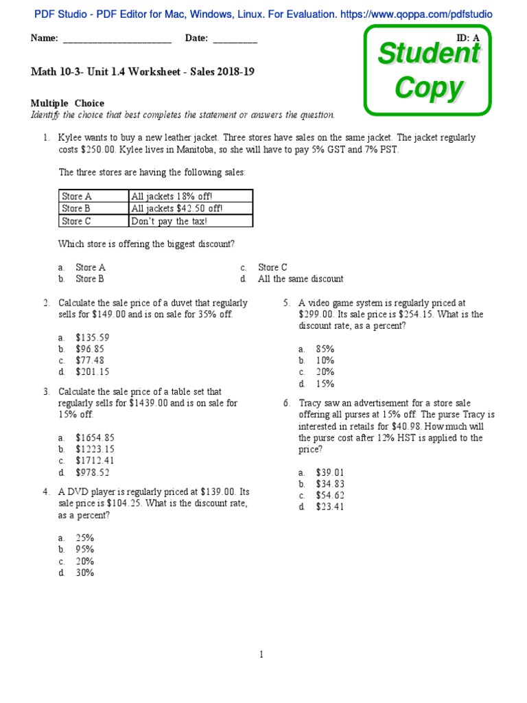 Math 10-3 Unit 1.4 Worksheet - Sales 2018-19 STUDENT | PDF | Market ...
