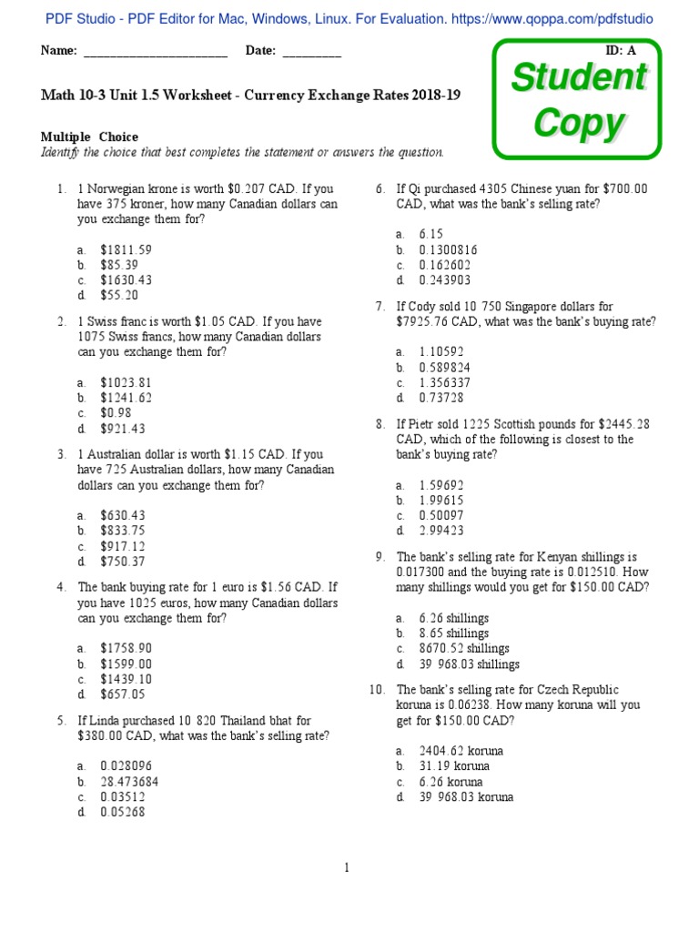Math 10-3 Unit 1.5 Worksheet - Currency Exchange Rates 2018-19 STUDENT ...