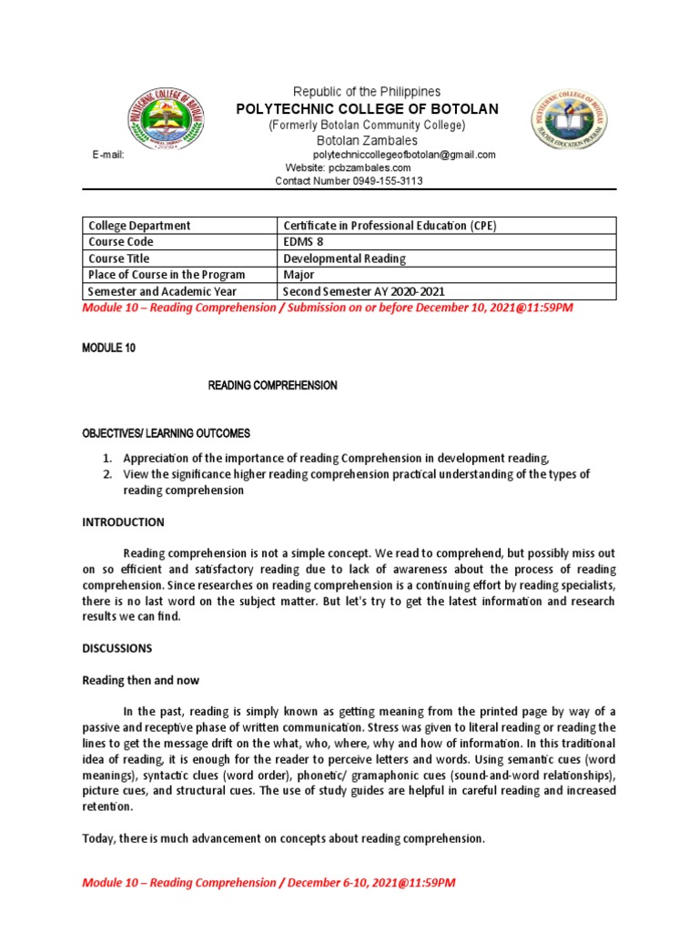 Module 10 Reading Comprehension | PDF | Reading Comprehension ...