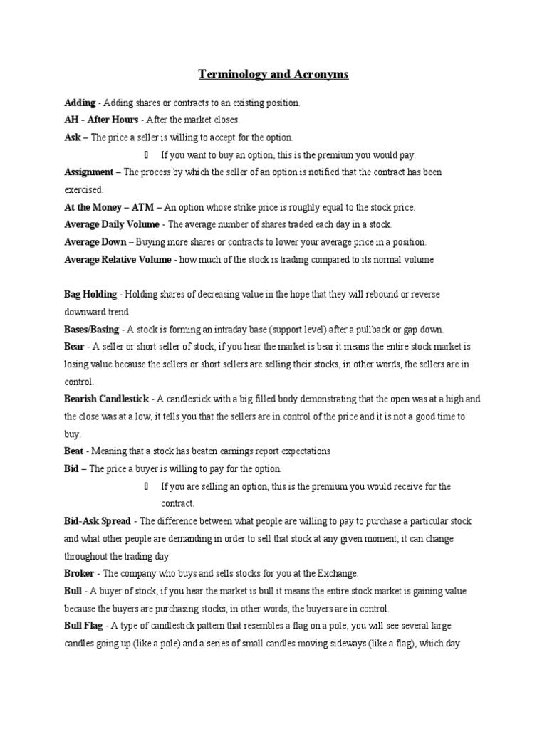 Stock Trading Terms & Acronyms | PDF | Stocks | Option (Finance)
