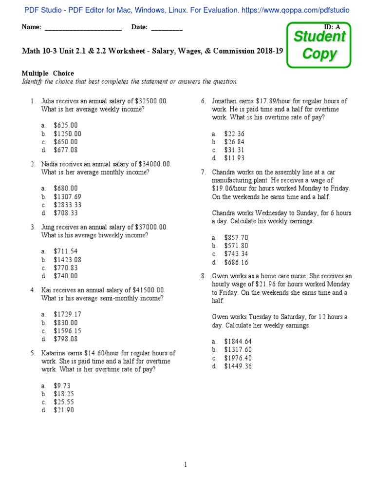 Math 10-3 Unit 2.1 - 2.2 Worksheet - Salary, Wages, - Commission 2018 ...
