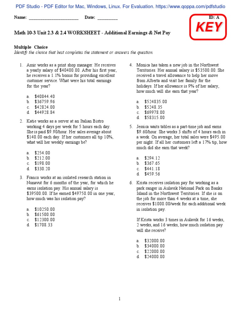 Math 10-3 Unit 2.3 - 2.4 Worksheet - Additional Earnings - Pay 2018-19 ...