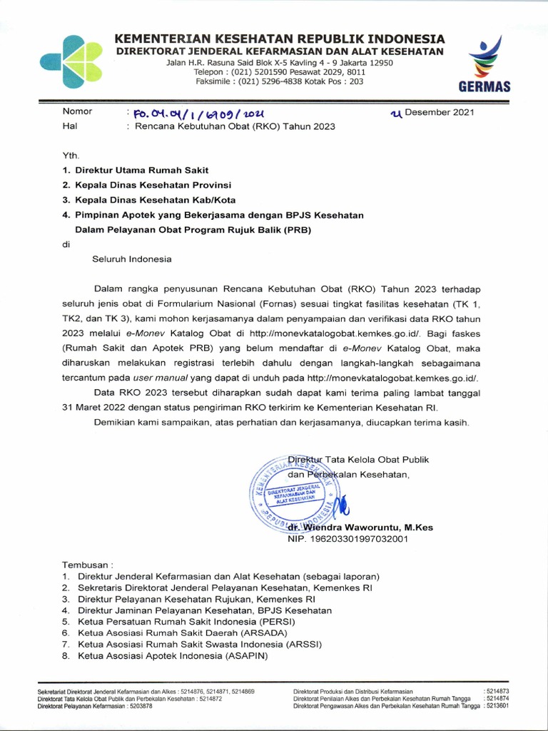6709 Surat Rencana Kebutuhan Obat (RKO) Tahun 2023 | PDF
