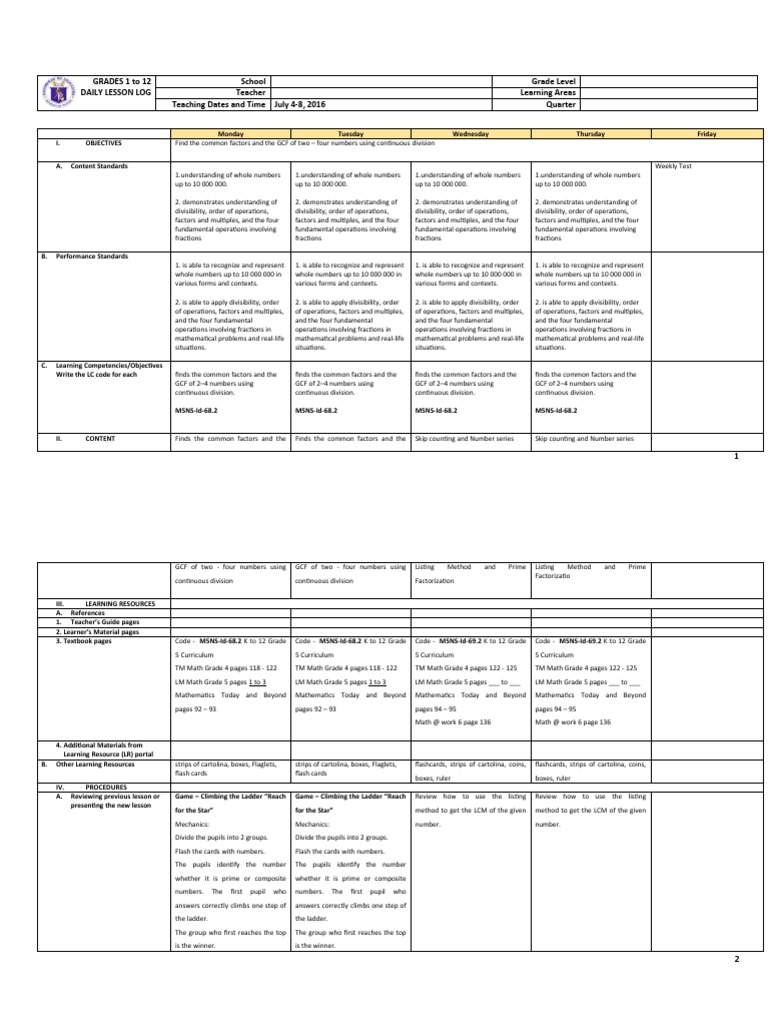 GRADE 5 Mathematics DLL Whole Year Grade 5 | PDF | Flashcard | Mathematics