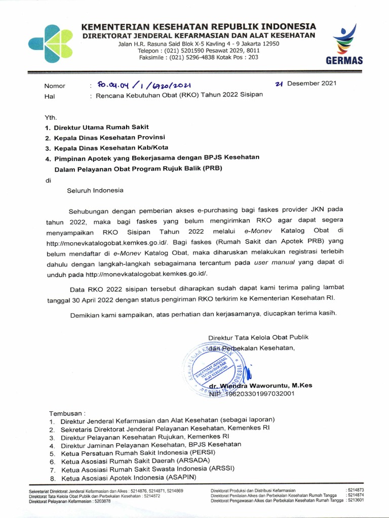 6720 Surat Rencana Kebutuhan Obat (RKO) Tahun 2022 Sisipan | PDF