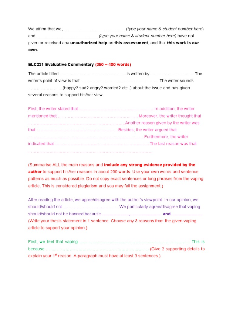 ELC231 Evaluative Commentary Template - 28july2021 | PDF | Paragraph ...