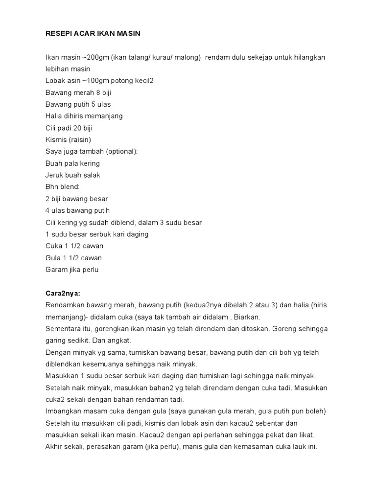 Resepi Acar Ikan Masin Sedap | PDF | Memasak, Makanan, & Anggur