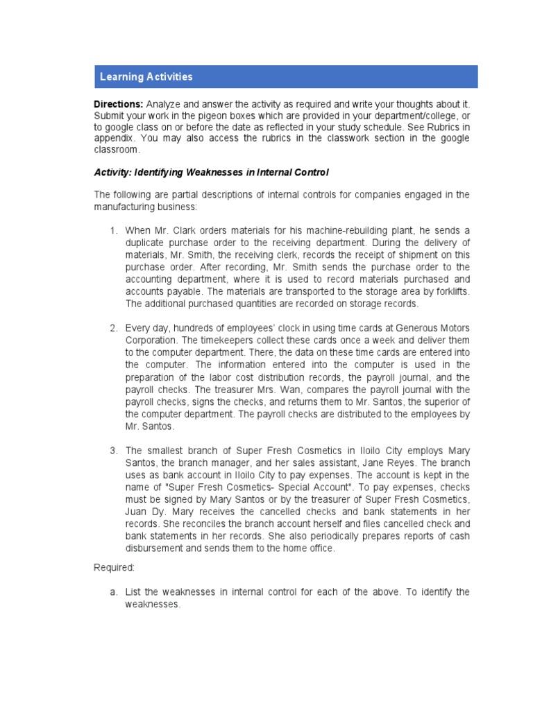 Unit Iv Activity Identify Weaknesses of Internal Control | PDF | Backup ...