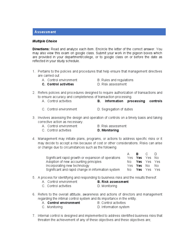 Multiple Choice Assessment Questions | PDF | Internal Control | Business