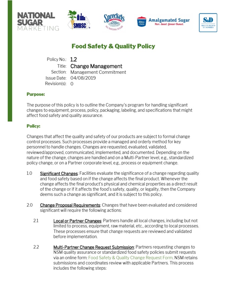 Food Safety & Quality Policy: 1.2 Change Management | Download Free PDF ...