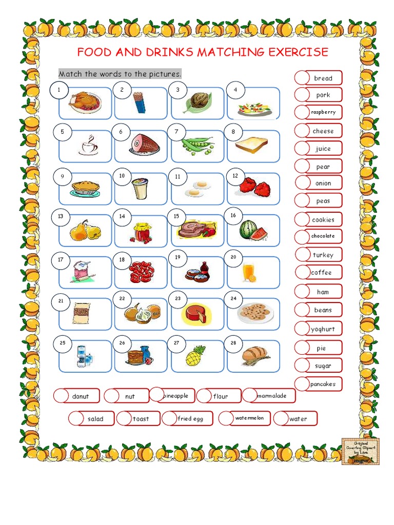 Food and Drinks Matching Exercise: Match The Words To The Pictures | PDF