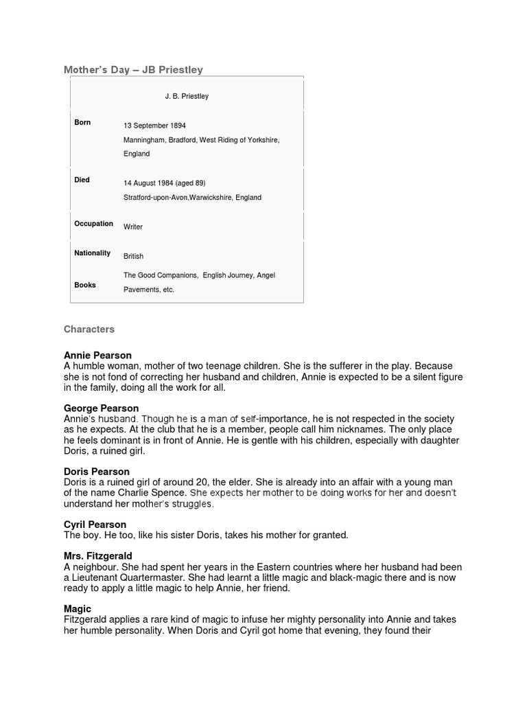 Mother's Day - JB Priestley: Characters | PDF