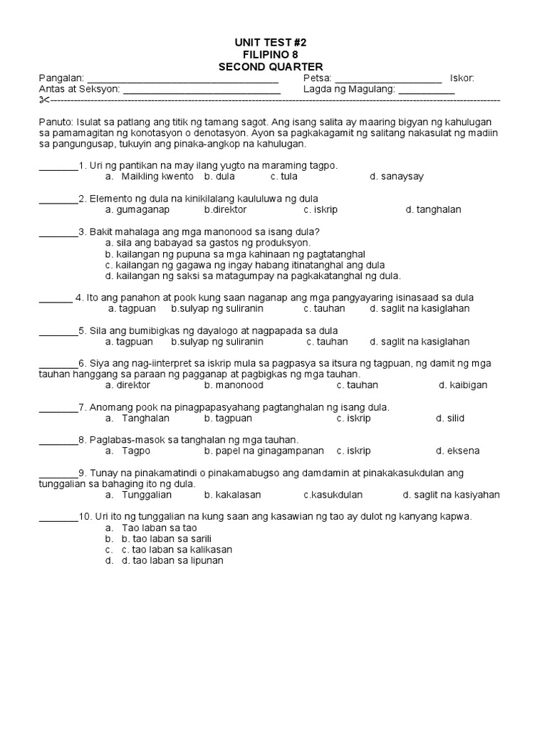 Filipino-Unit Test 4 Second QTR | PDF