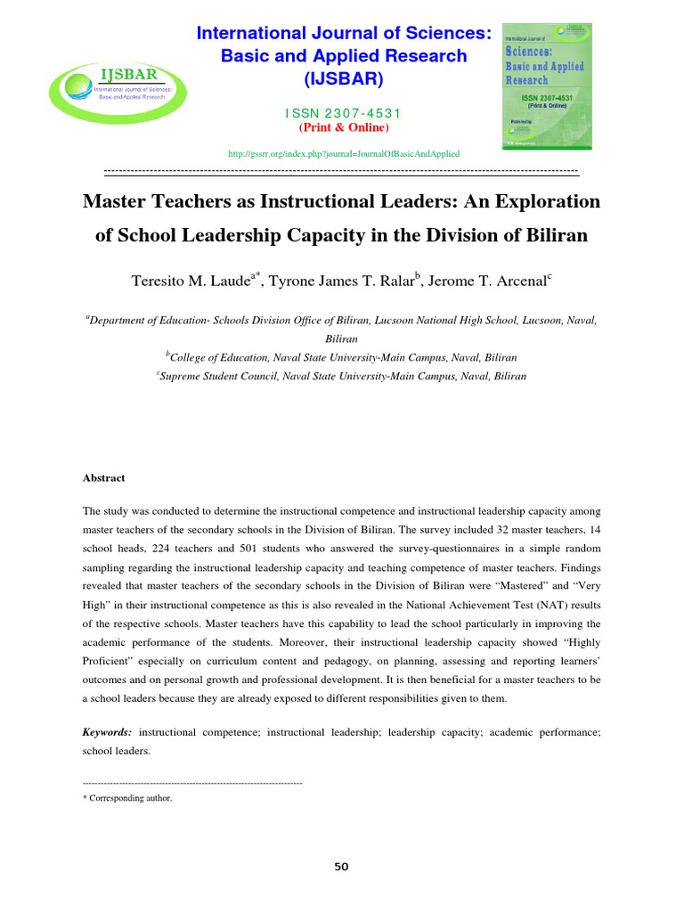 Master Teachers As Instructional Leaders: An Exploration of School ...