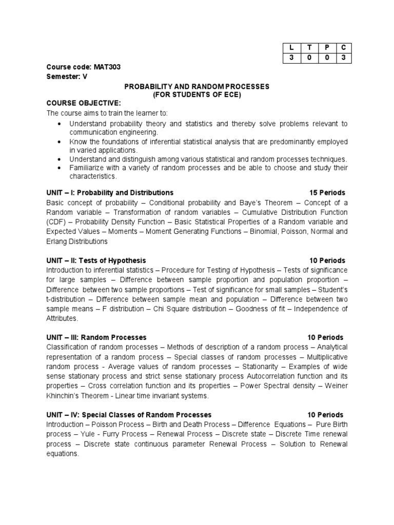 Mat303 - Probabilty and Random Processes | PDF | Stochastic Process | Statistics