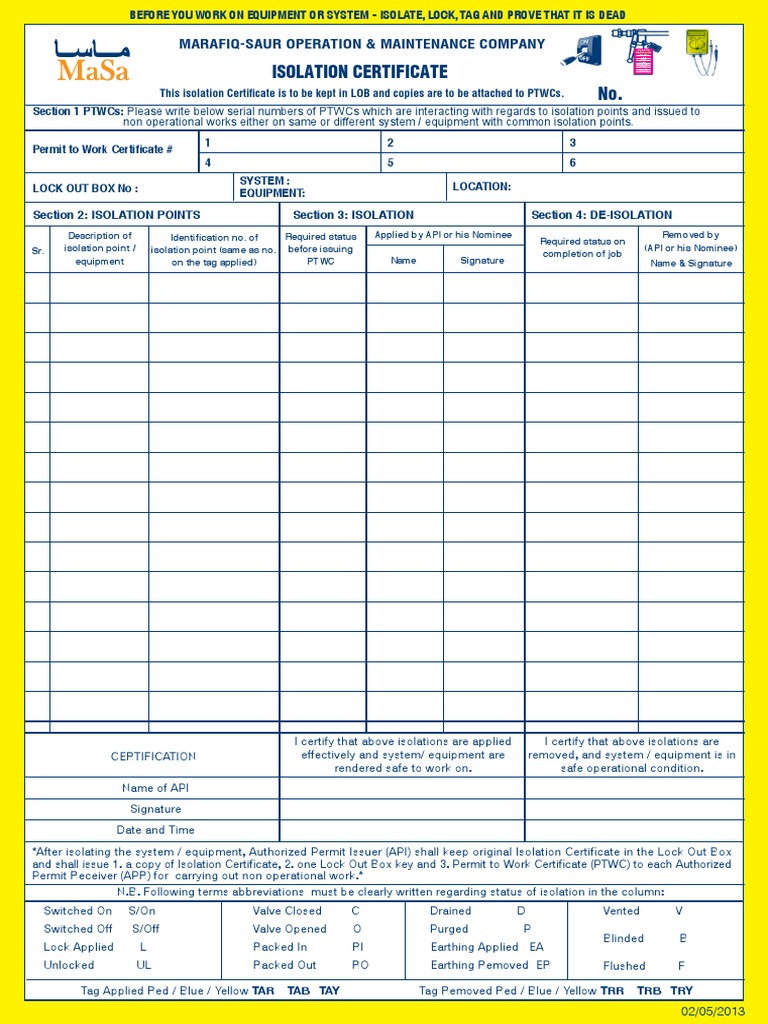 Isolation Certificate No.: Marafiq-Saur Operation & Maintenance Company ...