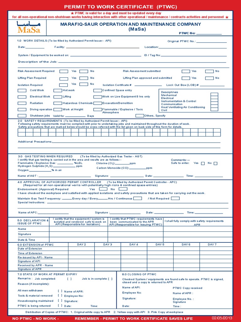 Masa Permit To Work Certificate | PDF | Manufactured Goods | Equipment