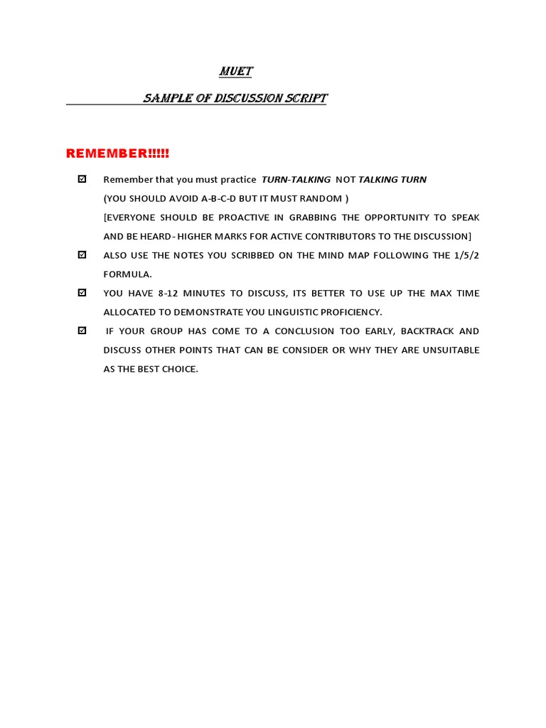 Muet Sample of Discussion Script: REMEMBER!!!!! | PDF | Philosophical ...