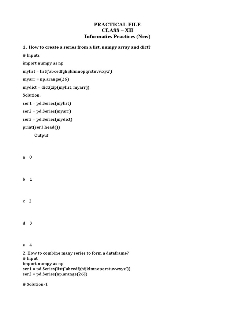 Practical File Class Xii Informatics Practices New 1 How To Create A Series From A List