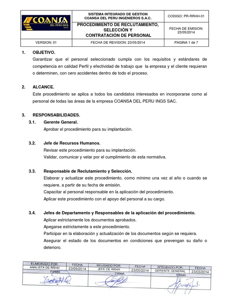 PR-RRHH-01 Procedimiento Reclutamiento Seleccion y Contratacion | PDF | Gestión de recursos ...