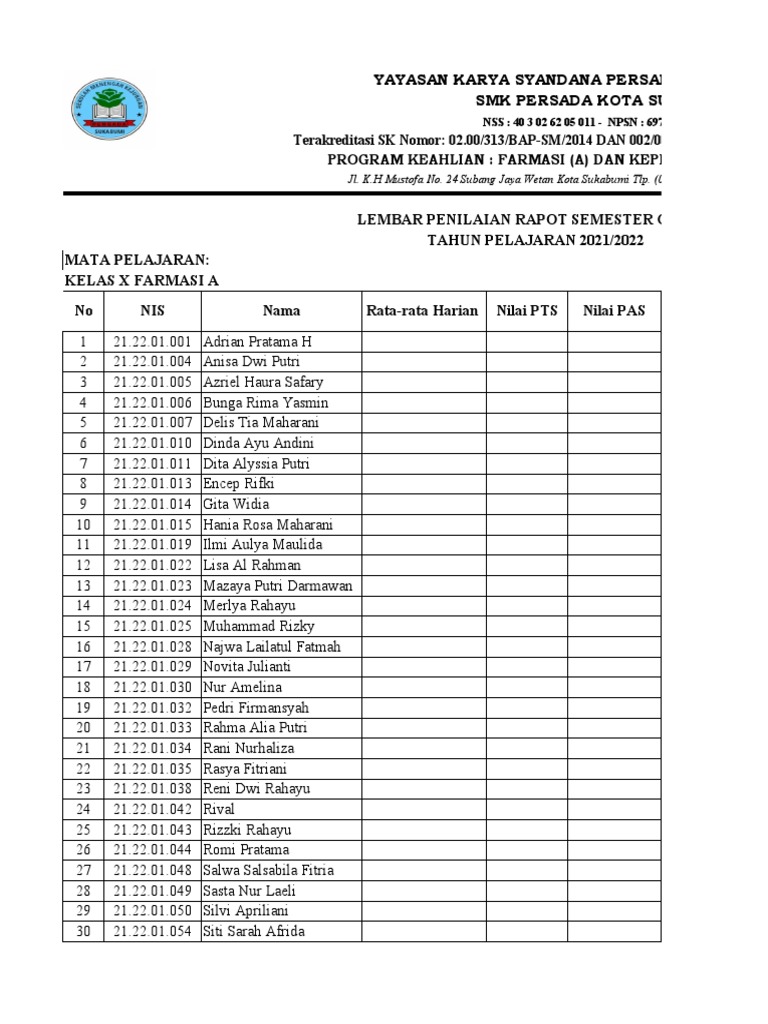 Formaat Penilaian Rapot PAS Ganjil | PDF