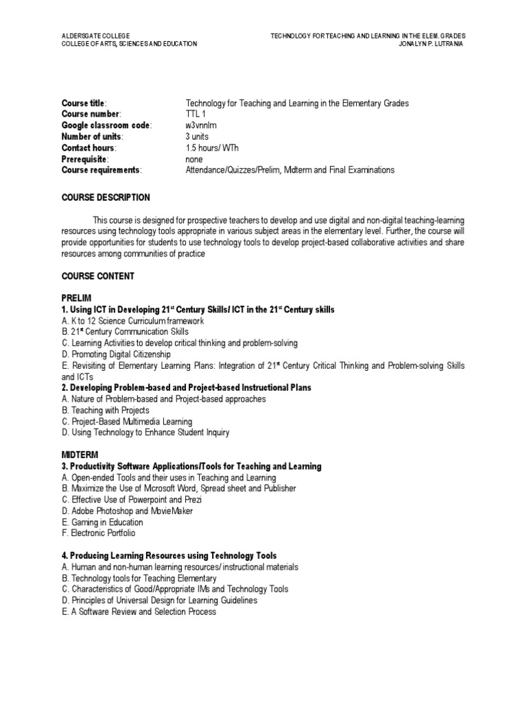 Course Outline in TTL BEED 3 | PDF | Educational Technology | Project ...