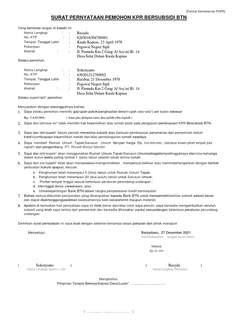 SURAT PERNYATAAN PEMOHON KPR BERSUBSIDI BTN - (Format Kementerian PUPR ...